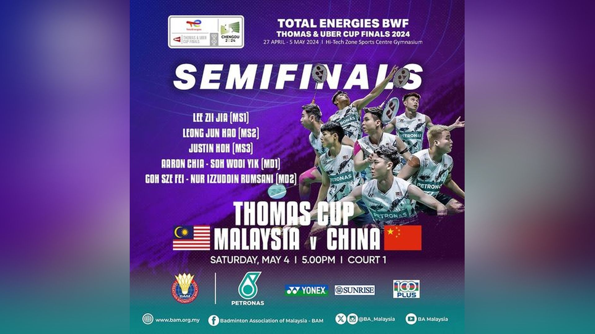 Piala Thomas: Malaysia kekal barisan serupa lawan China | Stadium Astro